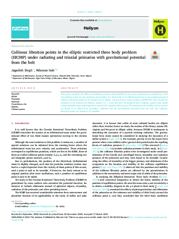 (PDF) Collinear libration points in the elliptic restricted three body ...