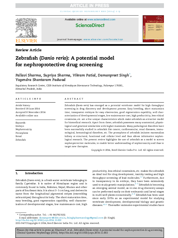 (PDF) Zebrafish (Danio rerio): A potential model for nephroprotective ...