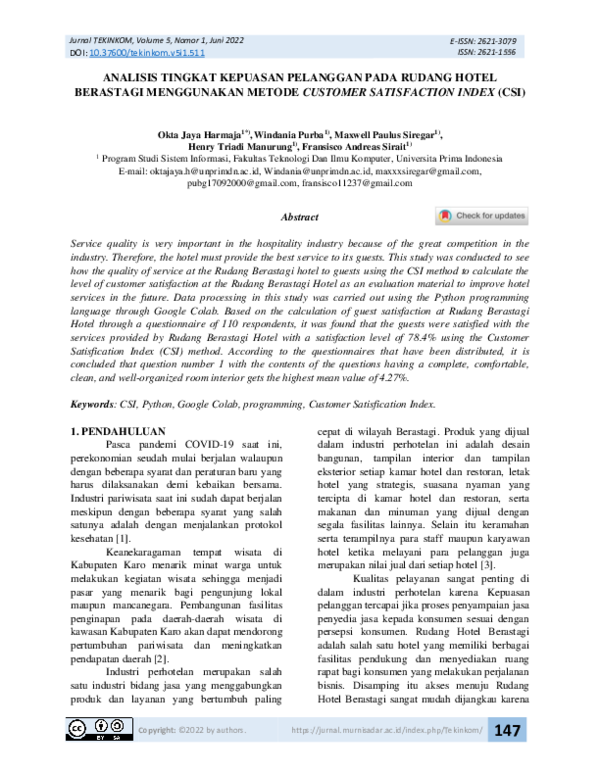 (PDF) Analisis Tingkat Kepuasan Pelanggan Pada Rudang Hotel Berastagi Menggunakan Metode ...