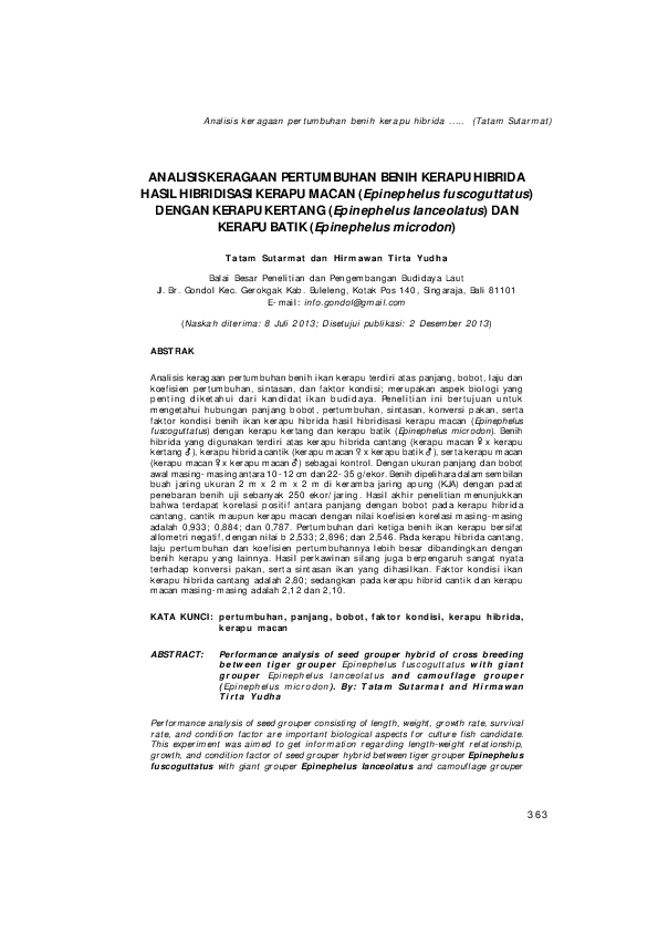 (PDF) ANALISIS KERAGAAN PERTUMBUHAN BENIH KERAPU HIBRIDA HASIL ...
