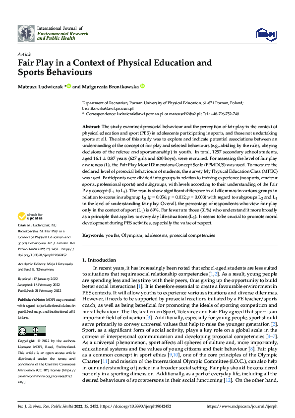 (PDF) Fair Play in a Context of Physical Education and Sports Behaviours