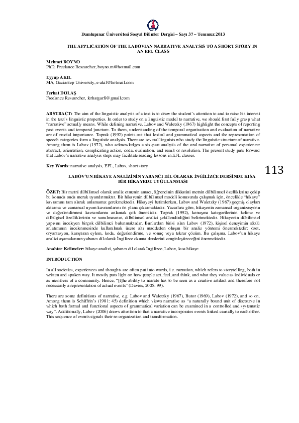 (PDF) The Application of the Labovian Narrative Analysis to a Short ...