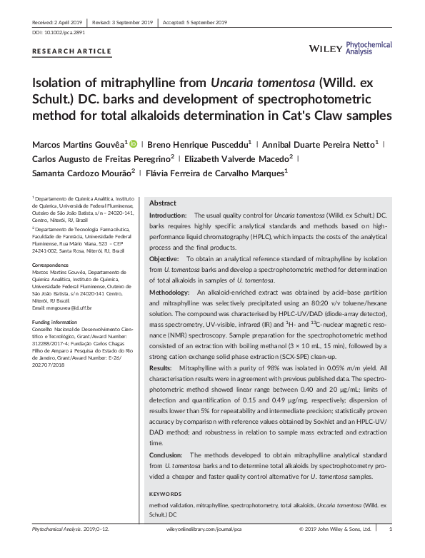 (PDF) Isolation of mitraphylline from Uncaria tomentosa (Willd. ex ...