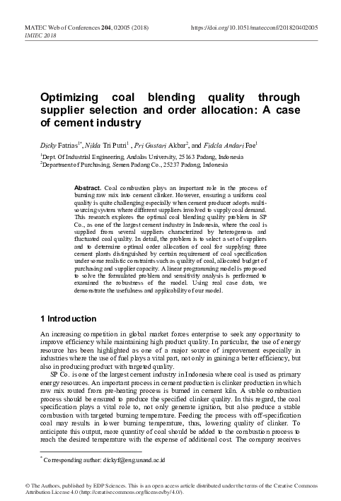 Pdf Optimizing Coal Blending Quality Through Supplier Selection And Order Allocation A Case