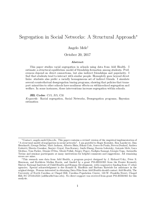 (PDF) Segregation in social networks | Angelo Mele - Academia.edu
