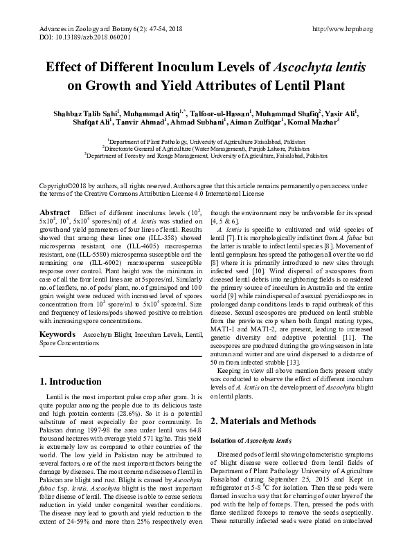 (PDF) Effect of Different Inoculum Levels of Ascochyta lentis on Growth ...