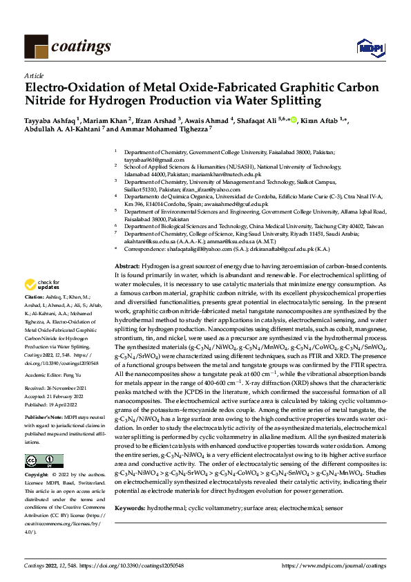 (PDF) Electro-Oxidation of Metal Oxide-Fabricated Graphitic Carbon Nitride for Generation of ...
