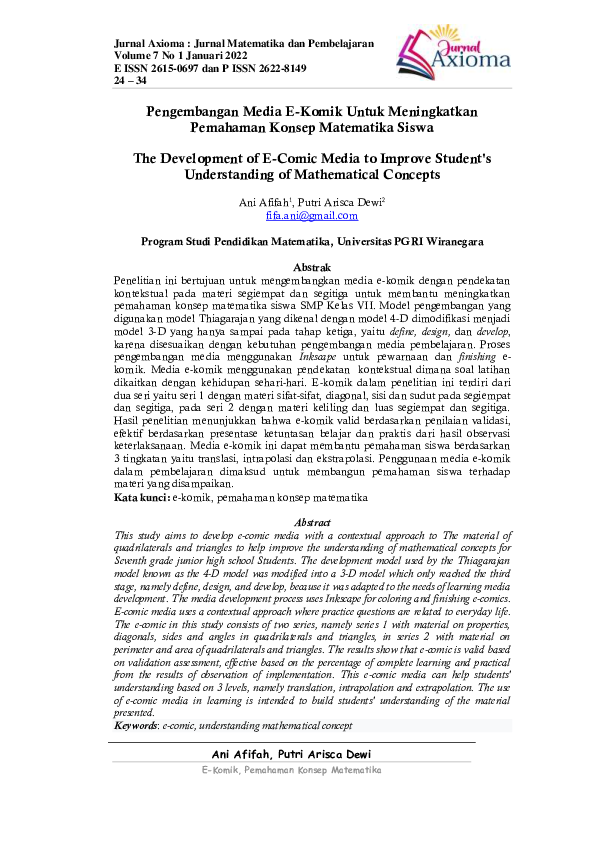 (PDF) Pengembangan Media E-Komik Untuk Meningkatkan Pemahaman Konsep Matematika Siswa