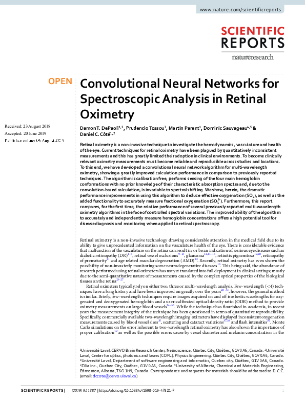 (PDF) Convolutional Neural Networks for Spectroscopic Analysis in Retinal Oximetry