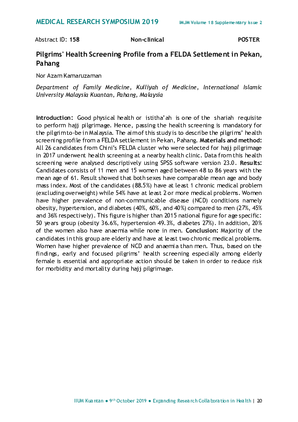 (PDF) Pilgrims' Health Screening Profile from a FELDA Settlement in ...