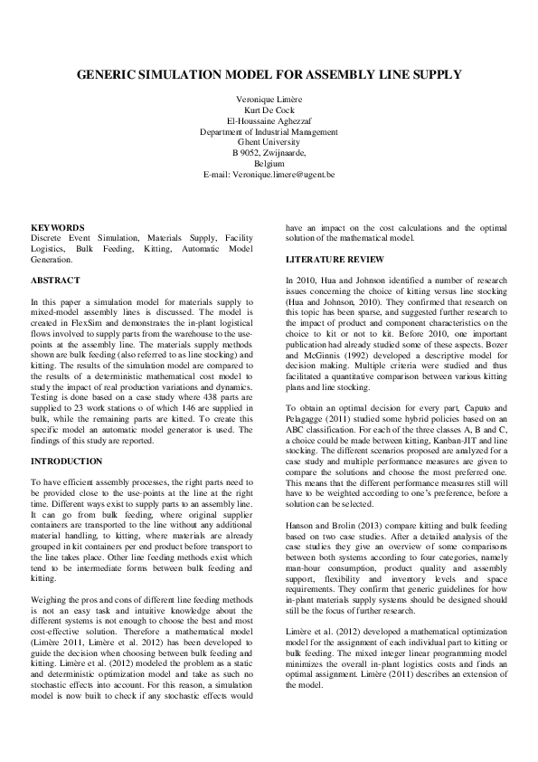 (PDF) Simulation Model for Mixed-Model Assembly Line Supply