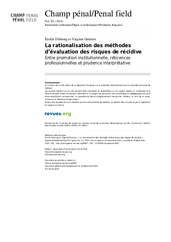 (PDF) La rationalisation des méthodes d’évaluation des risques de récidive
