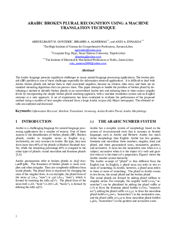 (PDF) Arabic Broken Plural Recognition Using a Machine Translation ...