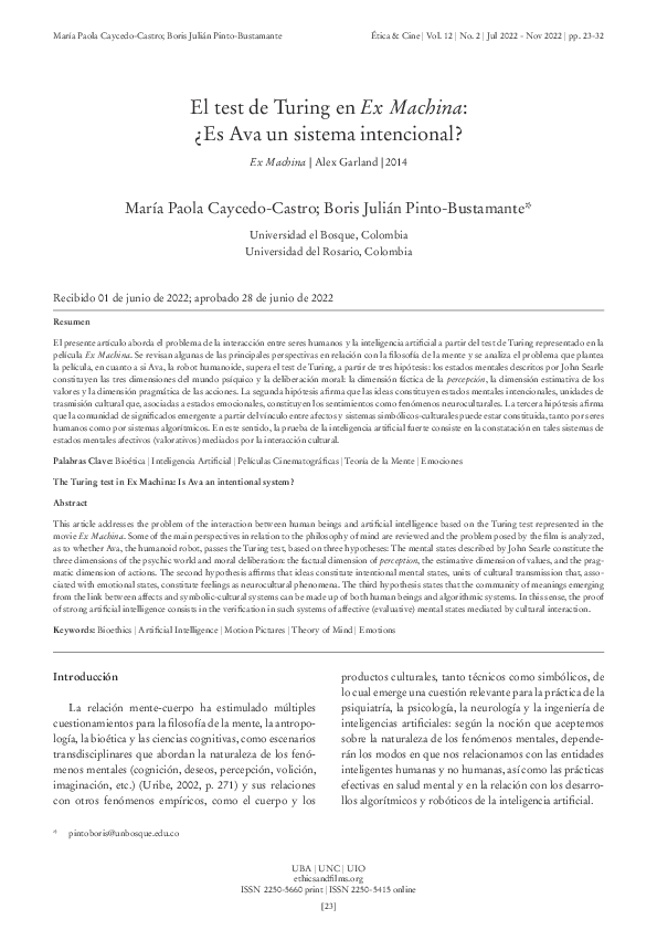 (PDF) El test de Turing en Ex Machina: ¿Es Ava un sistema intencional?
