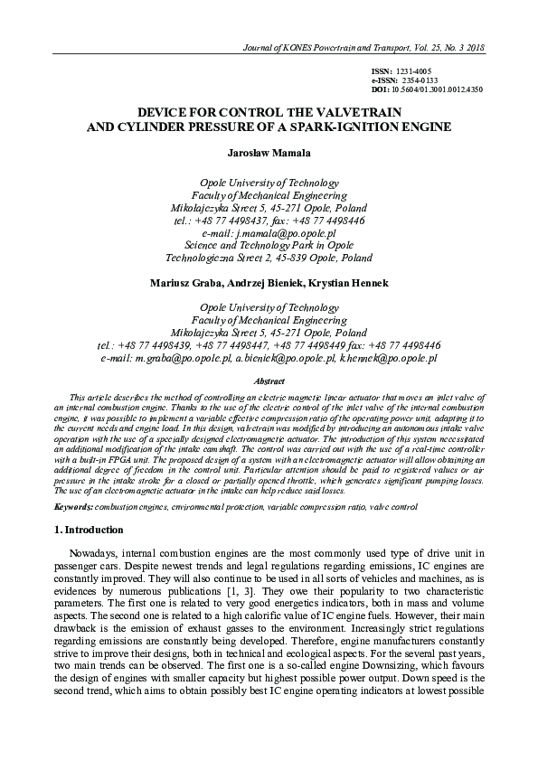 (PDF) Device for Control the Valvetrain and Cylinder Pressure of a ...