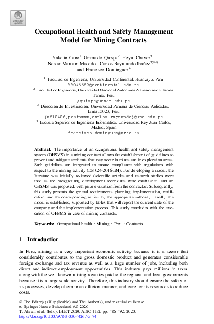 (PDF) Occupational Health and Safety Management Model for Mining Contracts