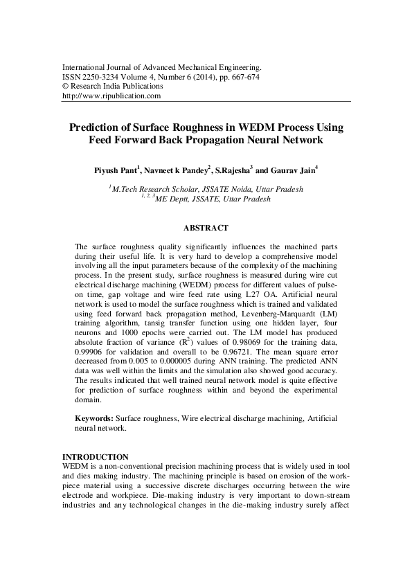Pdf Prediction Of Surface Roughness In Wedm Process Using Feed Forward Back Propagation Neural