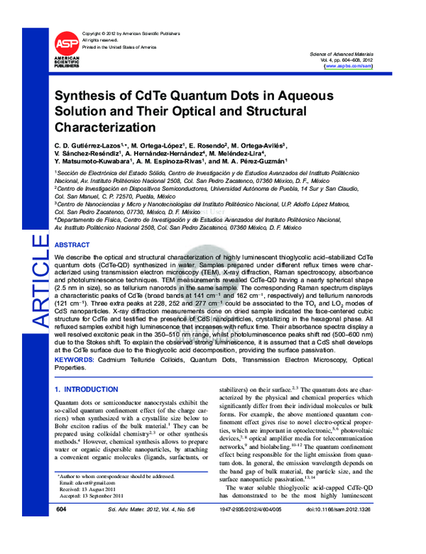 Pdf Synthesis Of Cdte Quantum Dots In Aqueous Solution And Their Optical And Structural