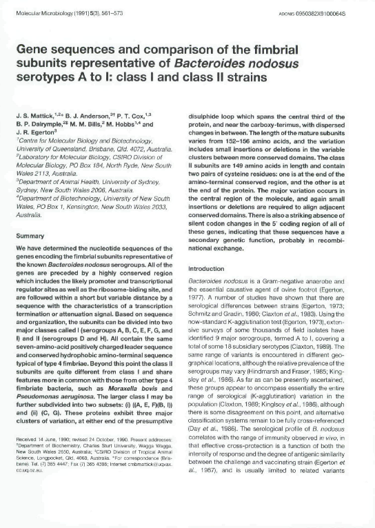 (PDF) Gene sequences and comparison of the fimbrial subunits ...