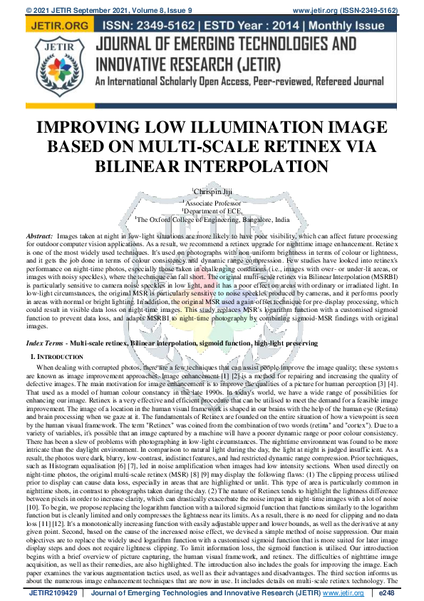 Pdf Improving Low Illumination Image Based On Multi Scale Retinex Via Bilinear Interpolation