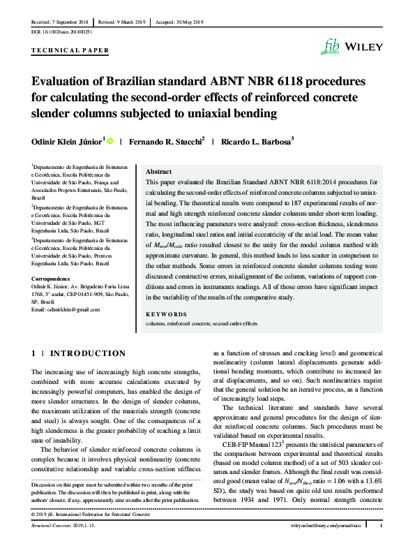 (PDF) Evaluation of Brazilian standard ABNT NBR 6118 procedures for calculating the second‐order ...
