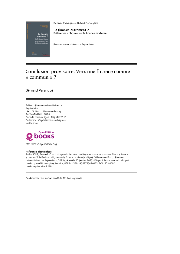 (PDF) Conclusion provisoire. Vers une finance comme « commun