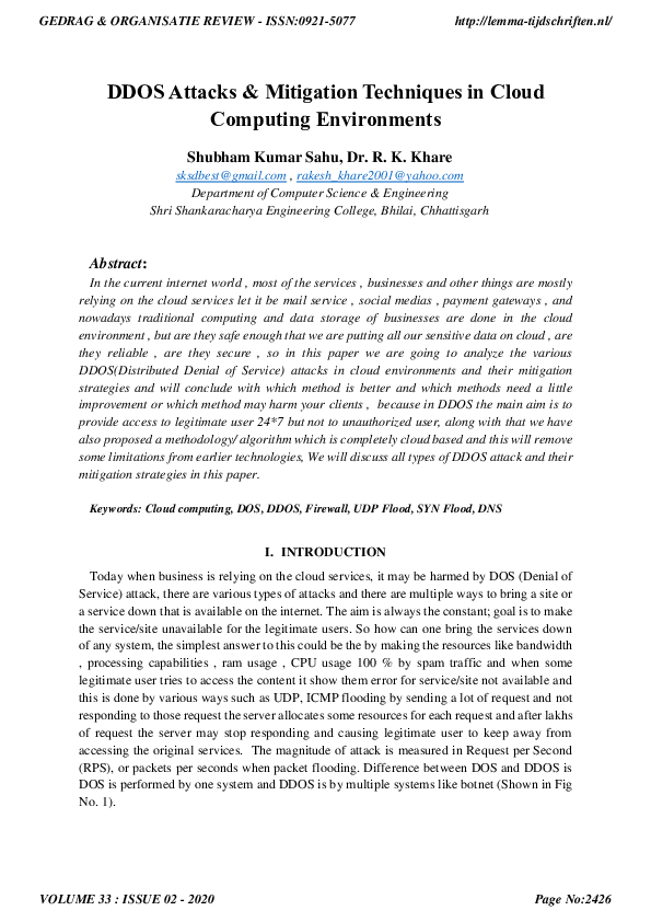(PDF) DDOS Attacks Mitigation Techniques in Cloud Computing Environments