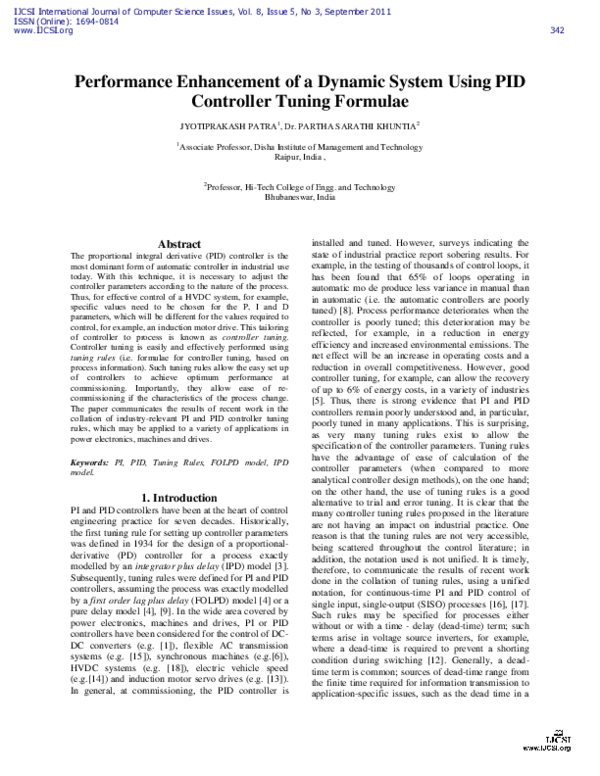 (PDF) Performance Enhancement of a Dynamic System Using PID Controller Tuning Formulae