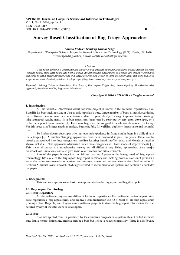 (PDF) Survey Based Classification of Bug Triage Approaches