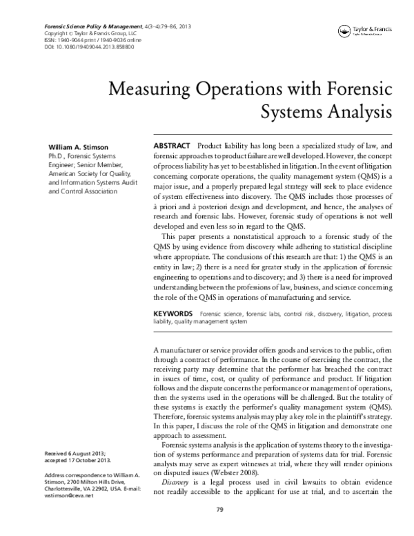 (PDF) Measuring Operations with Forensic Systems Analysis | William ...