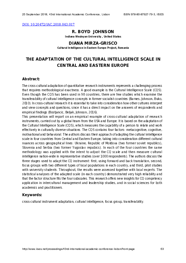 (PDF) The Adaptation of the Cultural Intelligence Scale in Central and ...