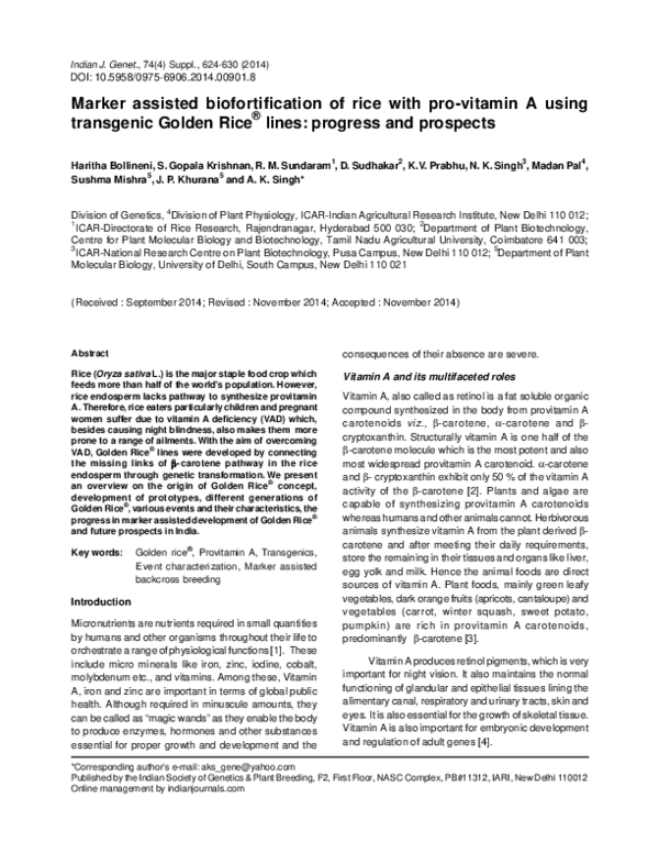 (PDF) Marker assisted biofortification of rice with pro-vitamin A using ...