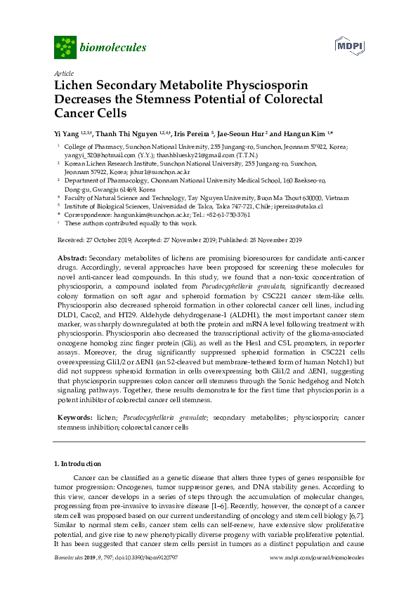 (PDF) Lichen Secondary Metabolite Physciosporin Decreases the Stemness ...