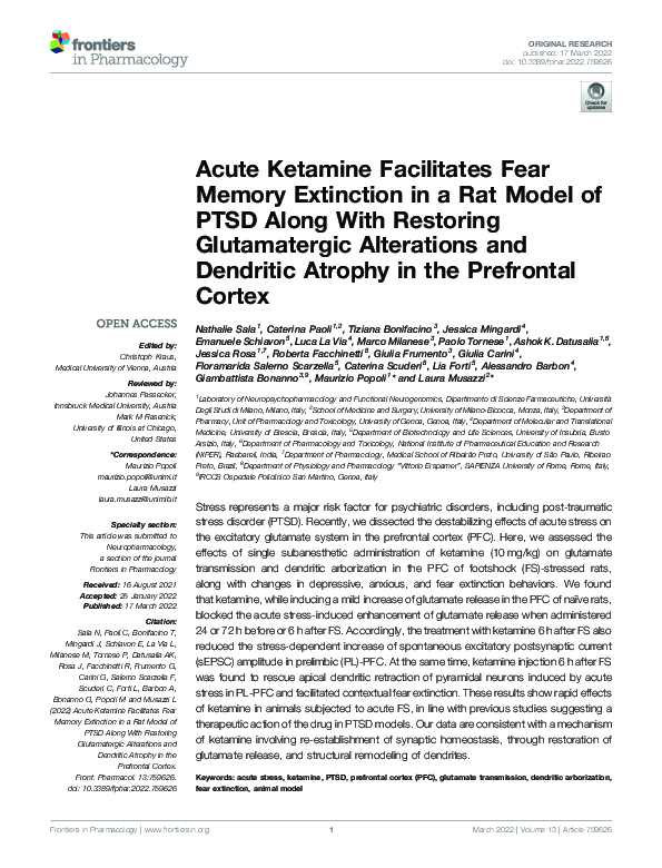 (PDF) Acute Ketamine Facilitates Fear Memory Extinction in a Rat Model ...
