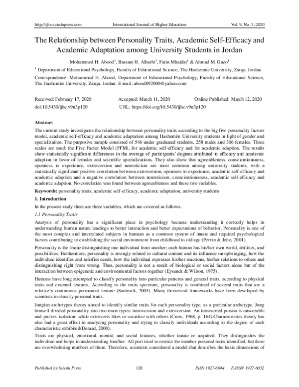 (PDF) The Relationship between Personality Traits, Academic Self-Efficacy and Academic ...