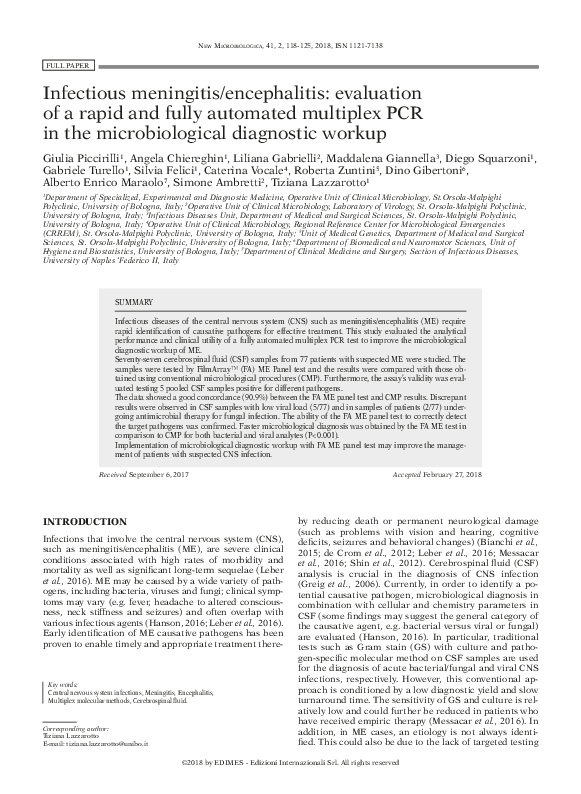 (PDF) Infectious meningitis/encephalitis: evaluation of a rapid and ...
