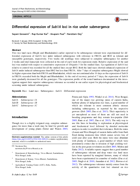 (PDF) Differential expression of Sub1A loci in rice under submergence