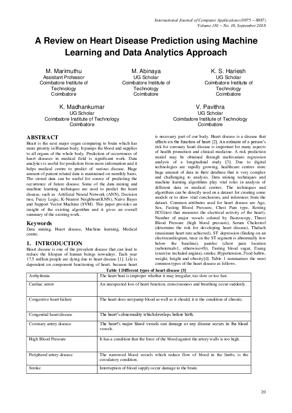(PDF) A Review on Heart Disease Prediction using Machine Learning and Data Analytics Approach