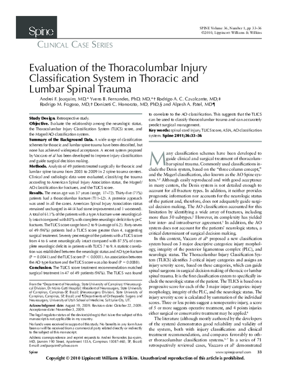 (PDF) Evaluation of the Thoracolumbar Injury Classification System in ...
