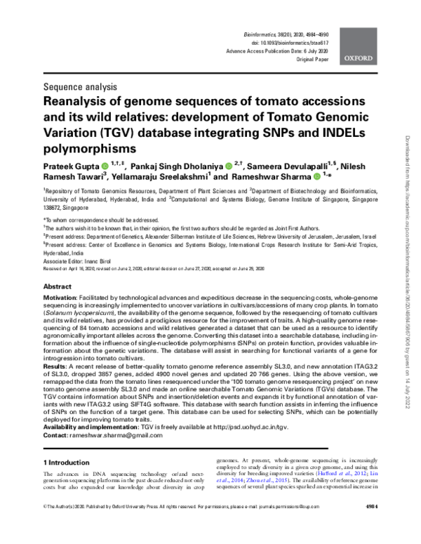 (PDF) Tomato Genomic Variation Database: SNPs & INDELs