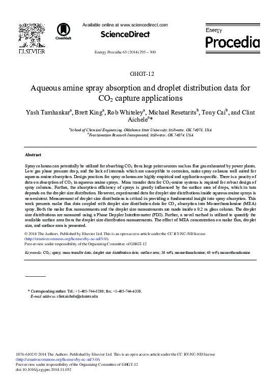 (PDF) Aqueous Amine Spray Absorption and Droplet Distribution Data for ...