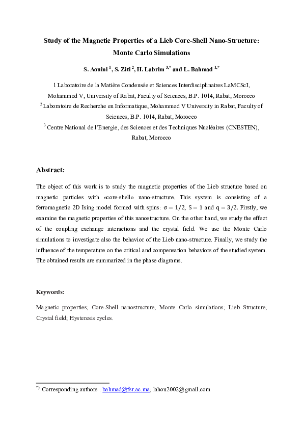 (PDF) Study of the Magnetic Properties of a Lieb Core-Shell Nano-Structure: Monte Carlo Simulations