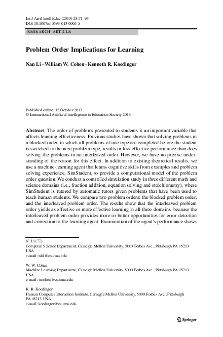 (PDF) Problem Order Implications for Learning | Kenneth Koedinger ...