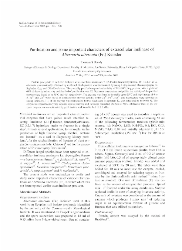 Pdf Purification And Some Important Characters Of Extracellular Inulinase Of Alternaria