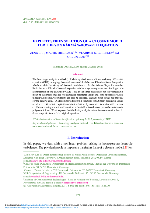 Explicit Series Solution of a Closure Model for the Von Kármán–Howarth ...