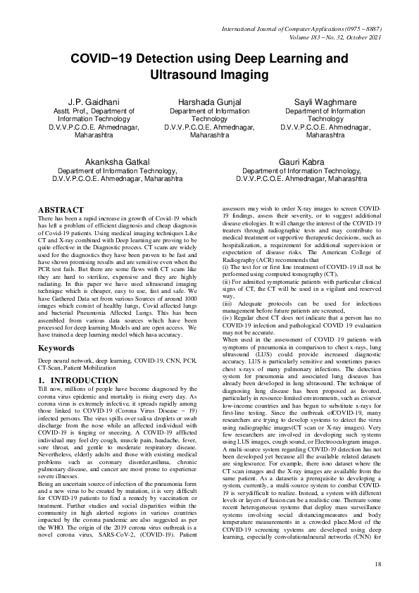 (PDF) COVID−19 Detection using Deep Learning and Ultrasound Imaging
