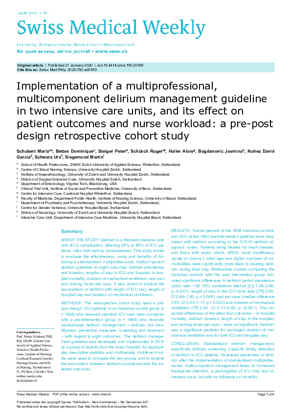 Pdf Implementation Of A Multiprofessional Multicomponent Delirium Management Guideline In Two