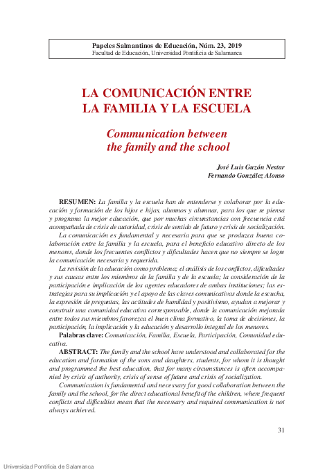 (PDF) La comunicación entre la familia y la escuela