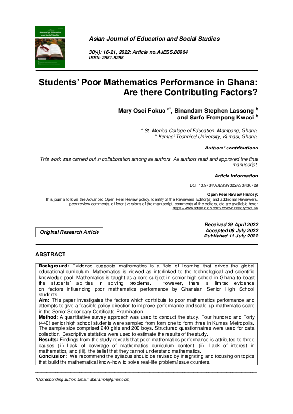 (PDF) Students’ Poor Mathematics Performance in Ghana: Are there ...