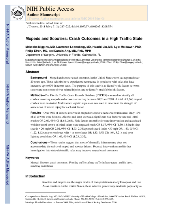(PDF) Mopeds and Scooters: Crash Outcomes in a High Traffic State
